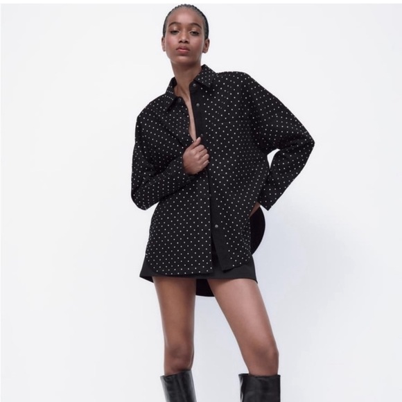 Zara | Jackets & Coats | Zara Oversized Denim Shirt With Rhinestones ...